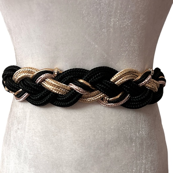 Vintage | Accessories | Vintage Rhea Braided Stretch Belt Gold Black ...